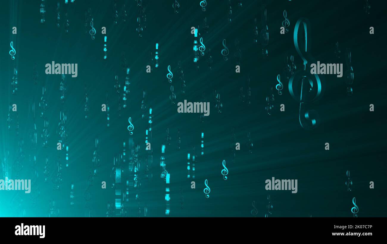Many music notes, keys fly in rays, 3d abstract modern background ...