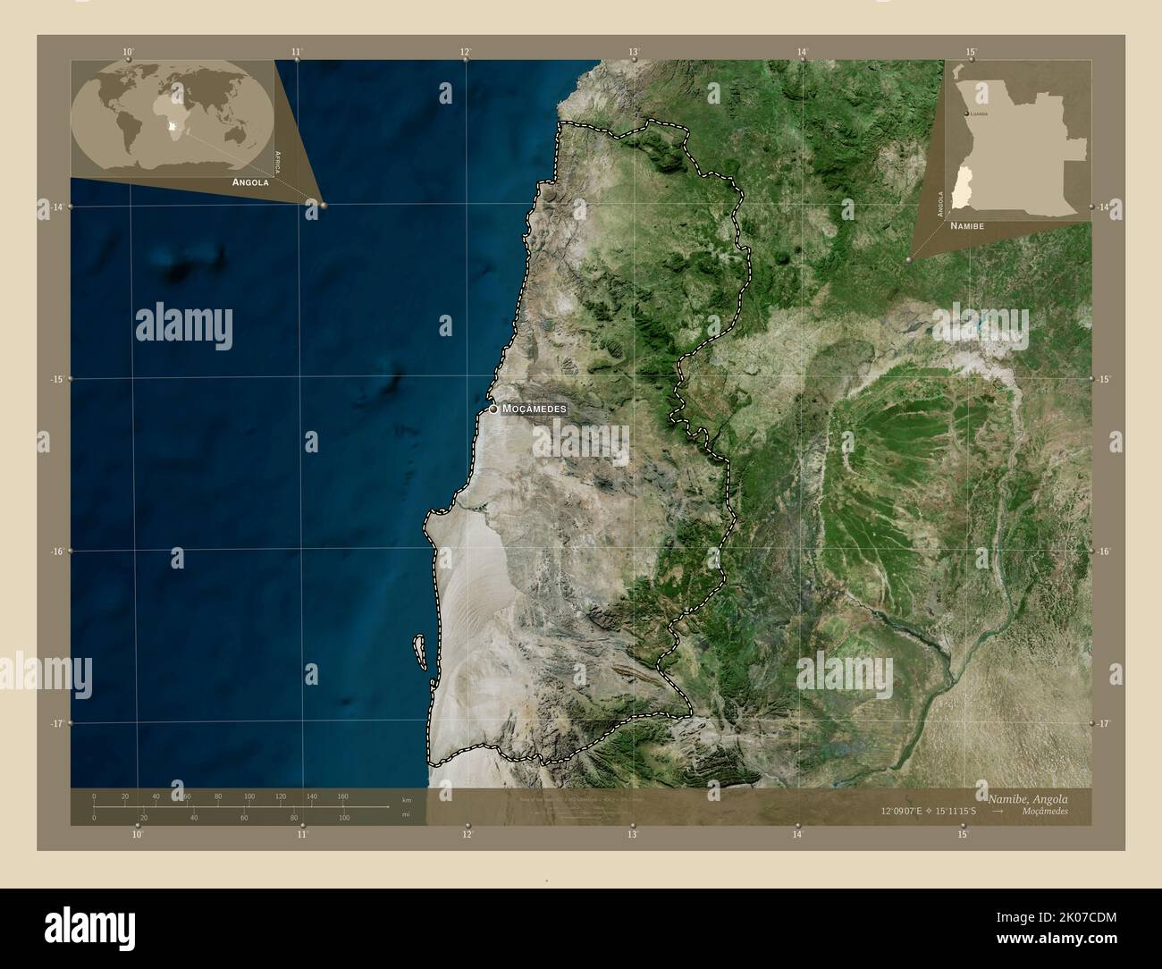 Namibe, province of Angola. High resolution satellite map. Locations and names of major cities ...