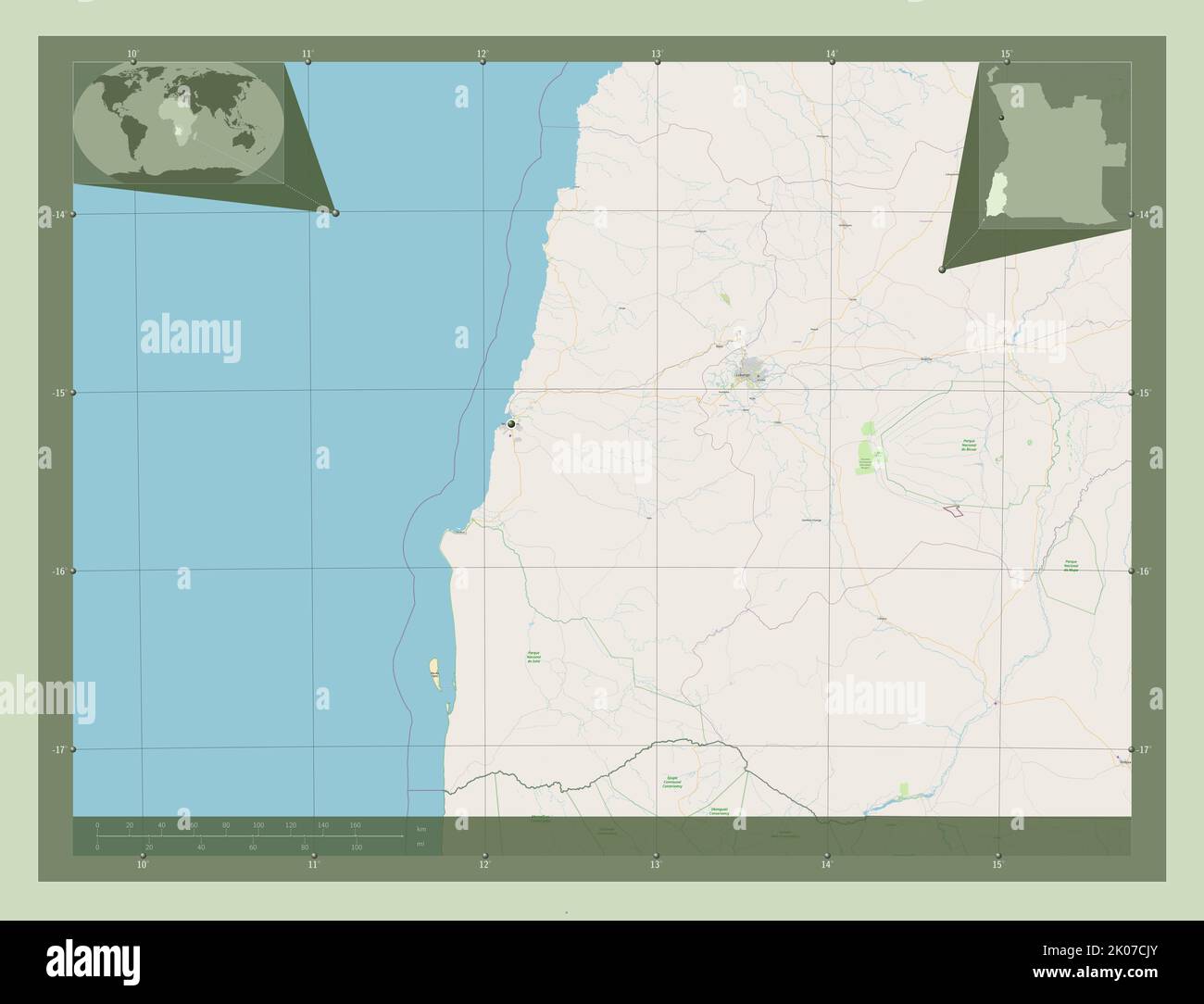 Namibe, province of Angola. Open Street Map. Locations of major cities ...