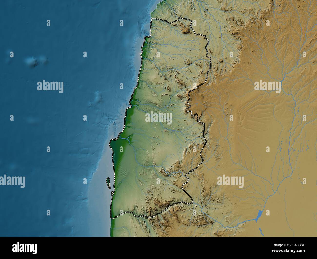 Namibe, province of Angola. Colored elevation map with lakes and rivers ...
