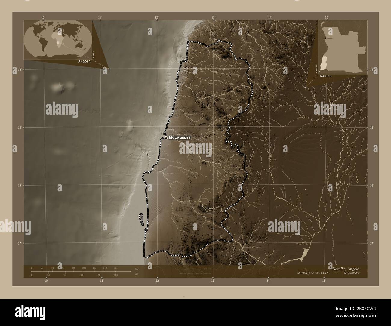 Namibe, province of Angola. Elevation map colored in sepia tones with lakes and rivers ...
