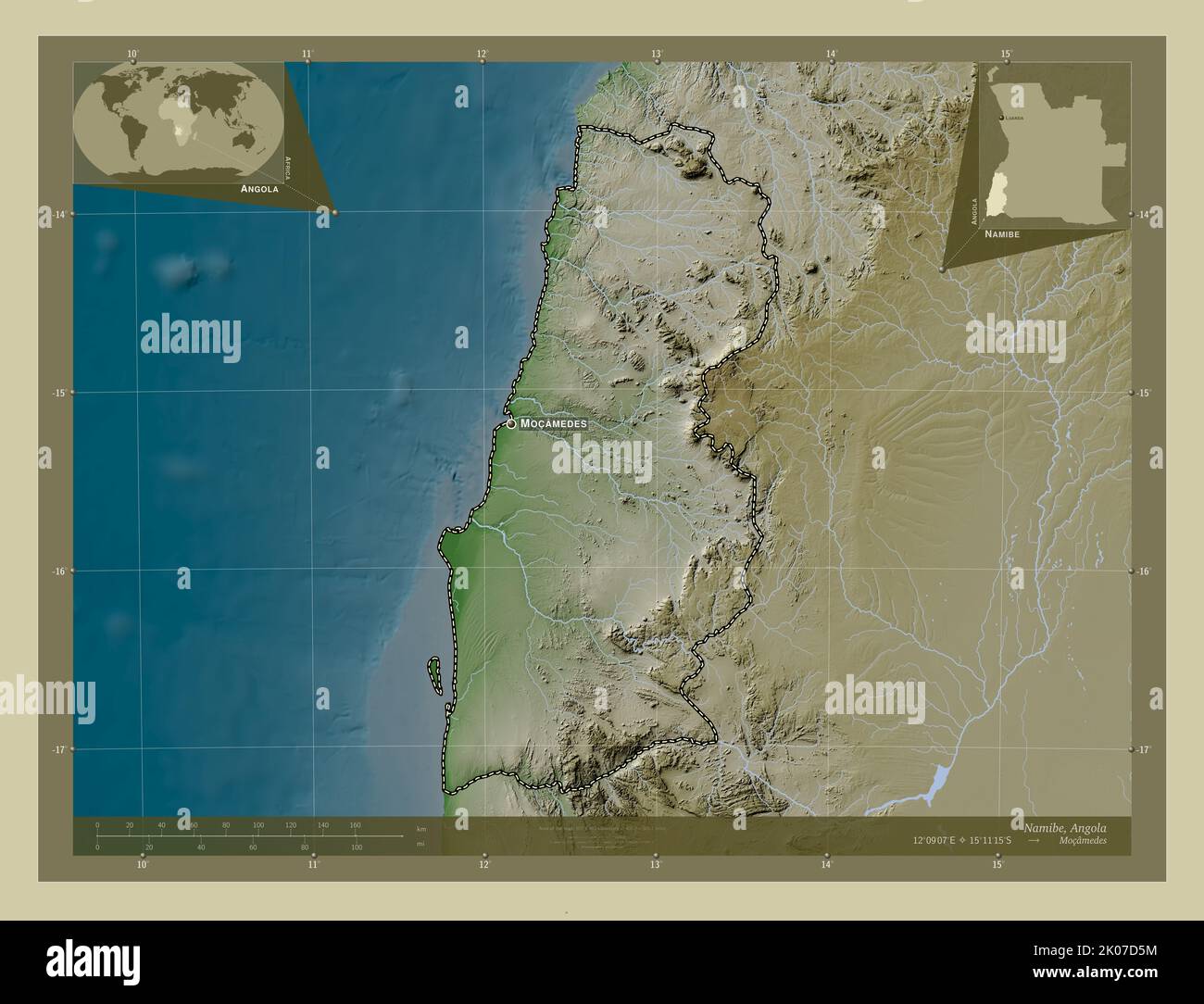 Namibe, province of Angola. Elevation map colored in wiki style with lakes and rivers. Locations ...