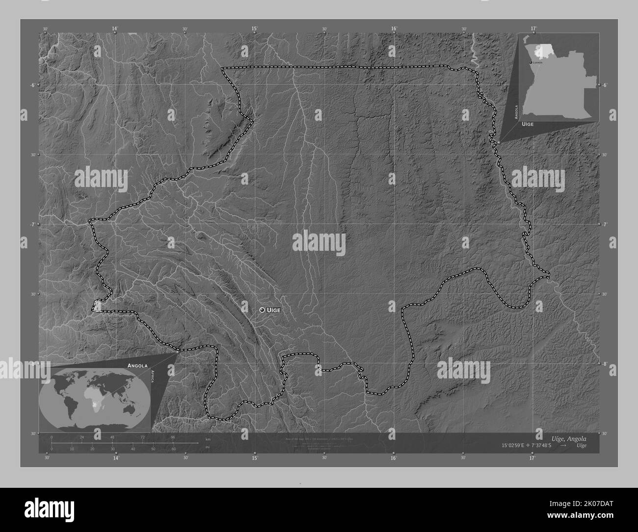Uige, province of Angola. Grayscale elevation map with lakes and rivers ...