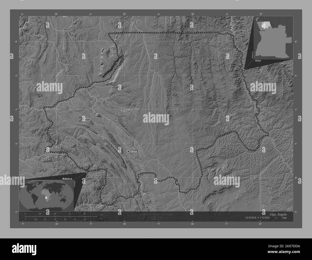 Uige, province of Angola. Bilevel elevation map with lakes and rivers ...