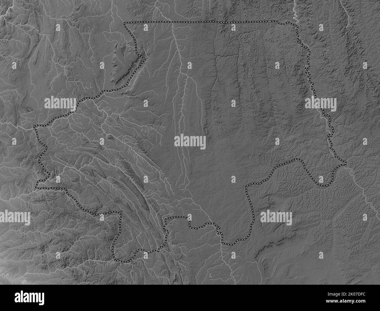 Uige, province of Angola. Grayscale elevation map with lakes and rivers ...
