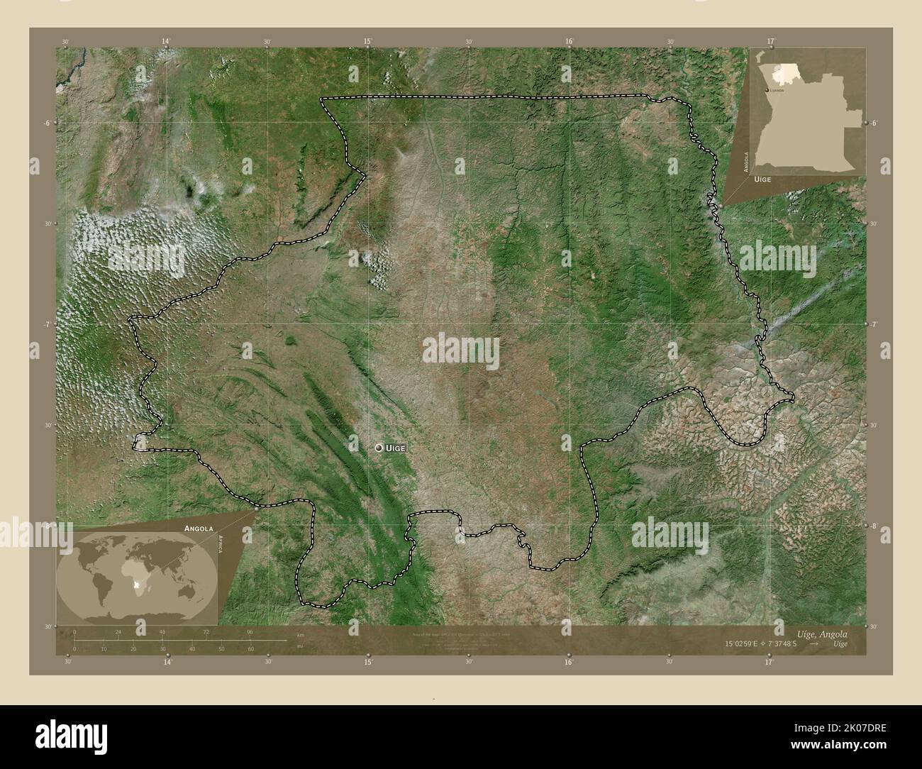 Uige, province of Angola. High resolution satellite map. Locations and ...
