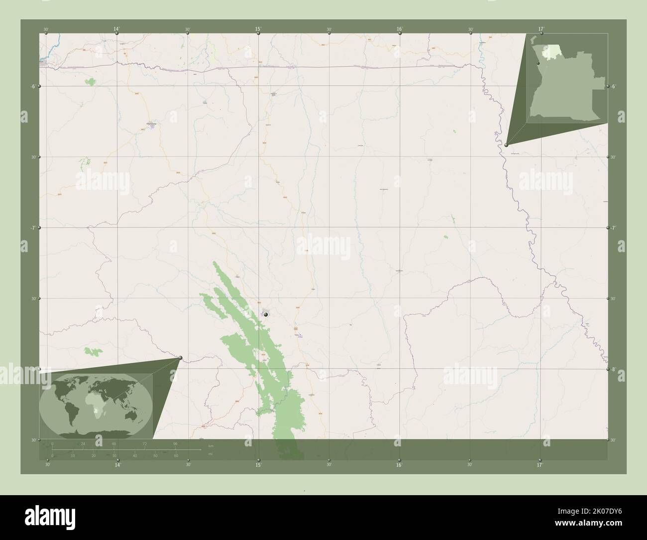 Uige, province of Angola. Open Street Map. Locations of major cities of ...