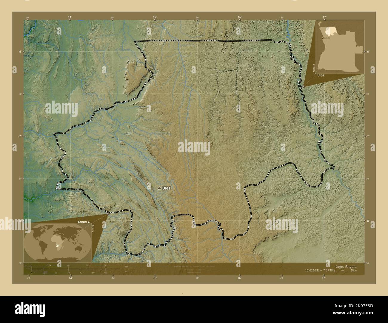Uige, province of Angola. Colored elevation map with lakes and rivers. Locations and names of ...
