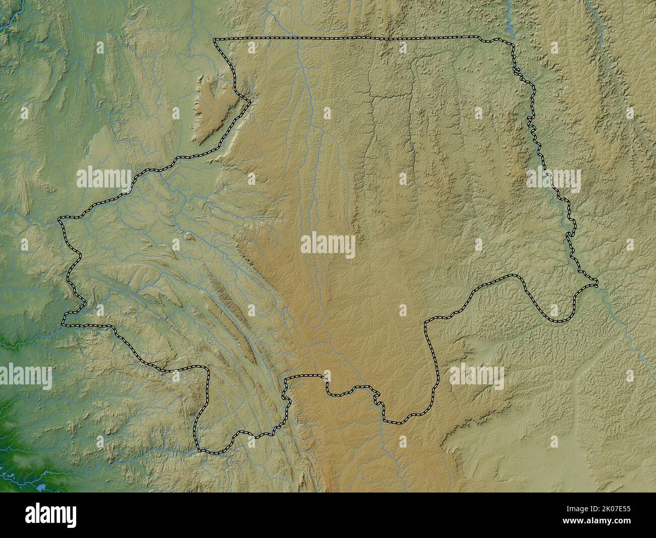 Uige, province of Angola. Colored elevation map with lakes and rivers ...