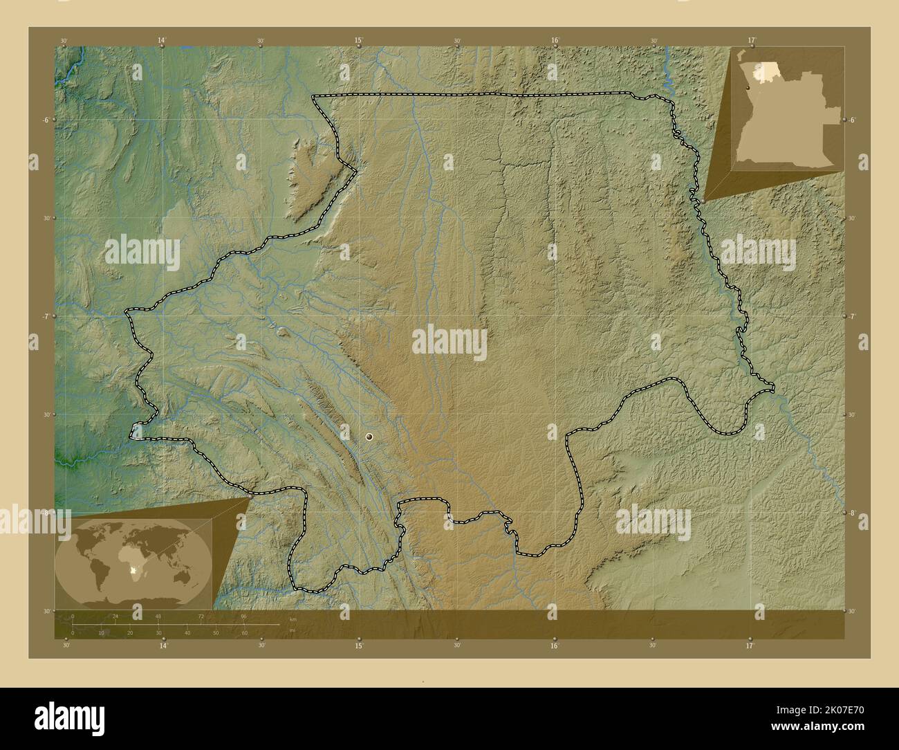 Uige, province of Angola. Colored elevation map with lakes and rivers ...