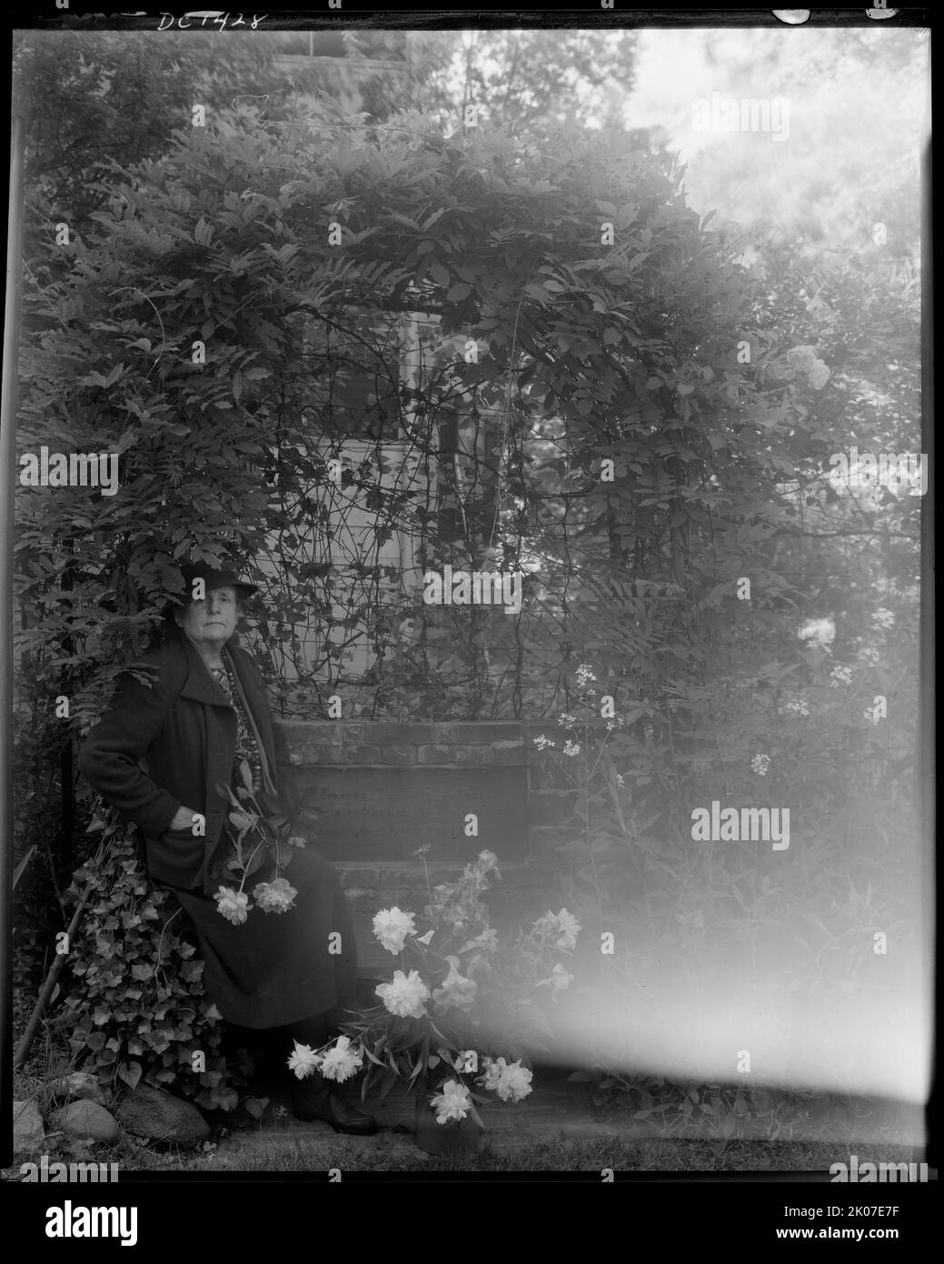 Frances Benjamin Johnston, photographer, posed sitting with peonies in ...