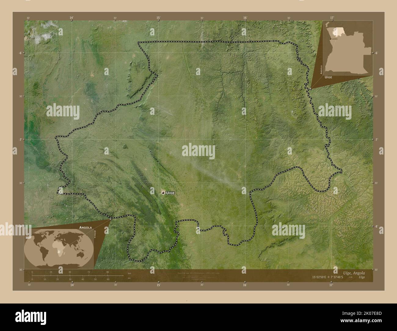 Uige, province of Angola. Low resolution satellite map. Locations and ...