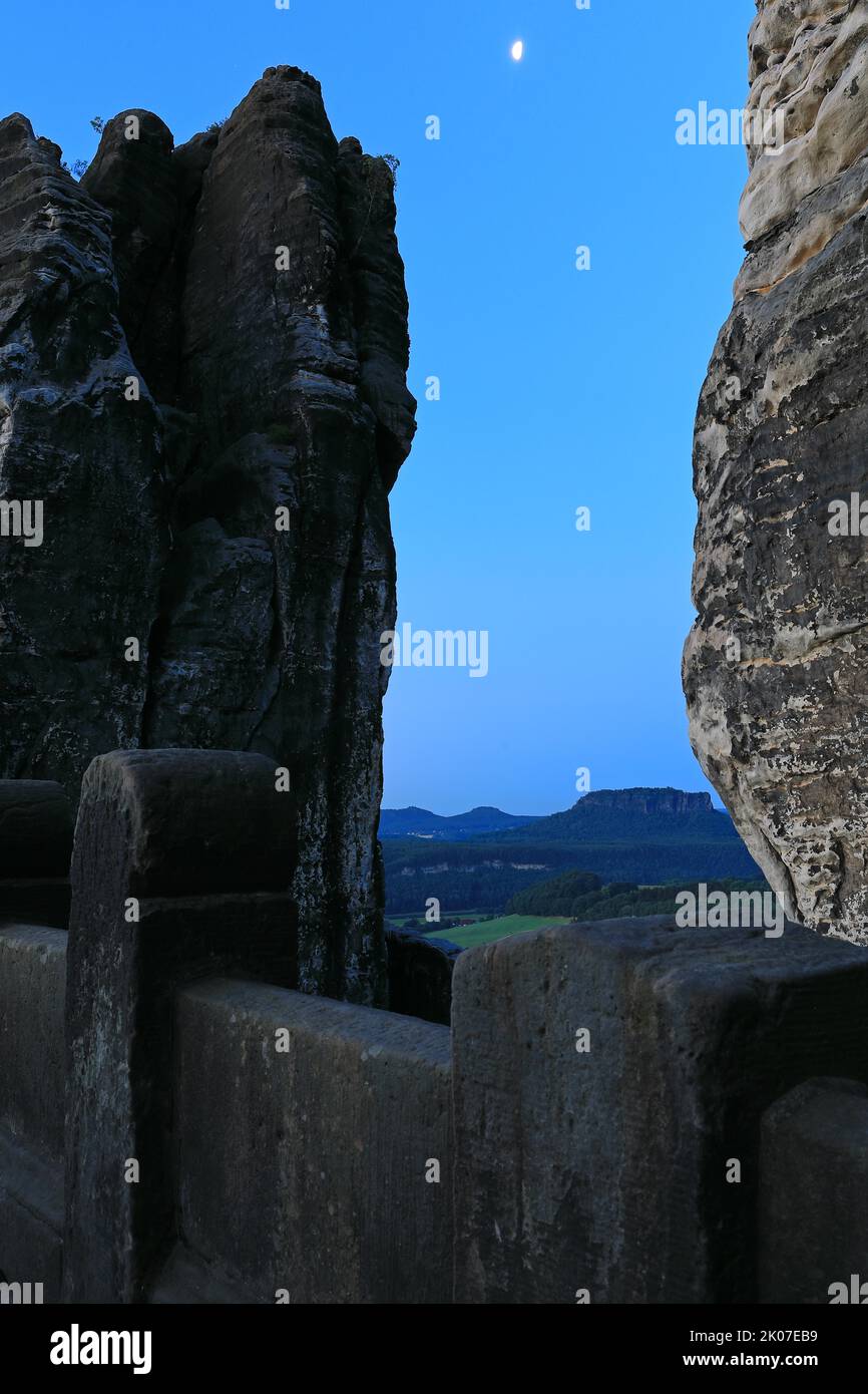 Bastei Bridge and Moon, Sandstone Rock, Bastei, Lohmen, Saxony, Germany ...