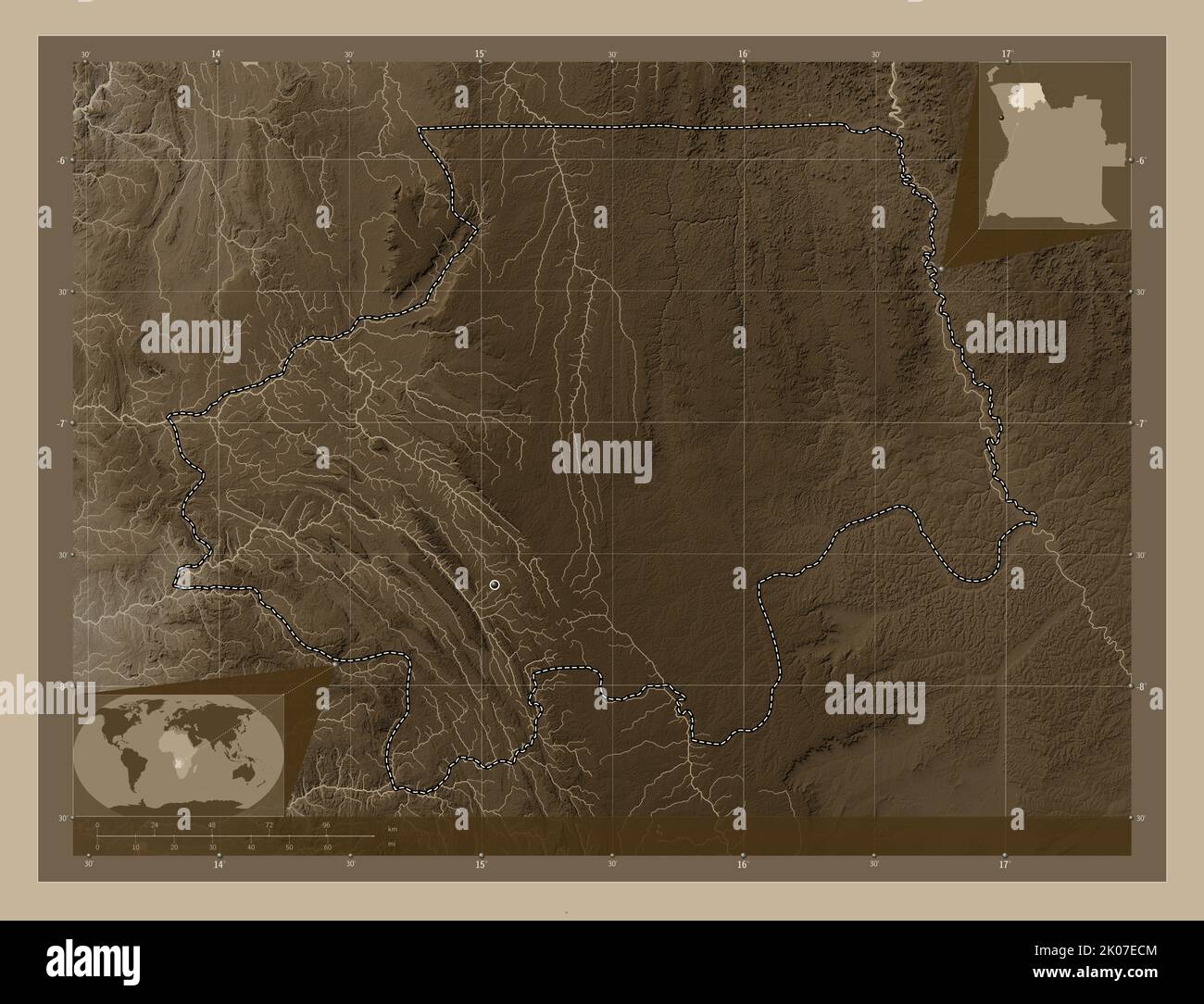 Uige, province of Angola. Elevation map colored in sepia tones with lakes and rivers. Locations ...