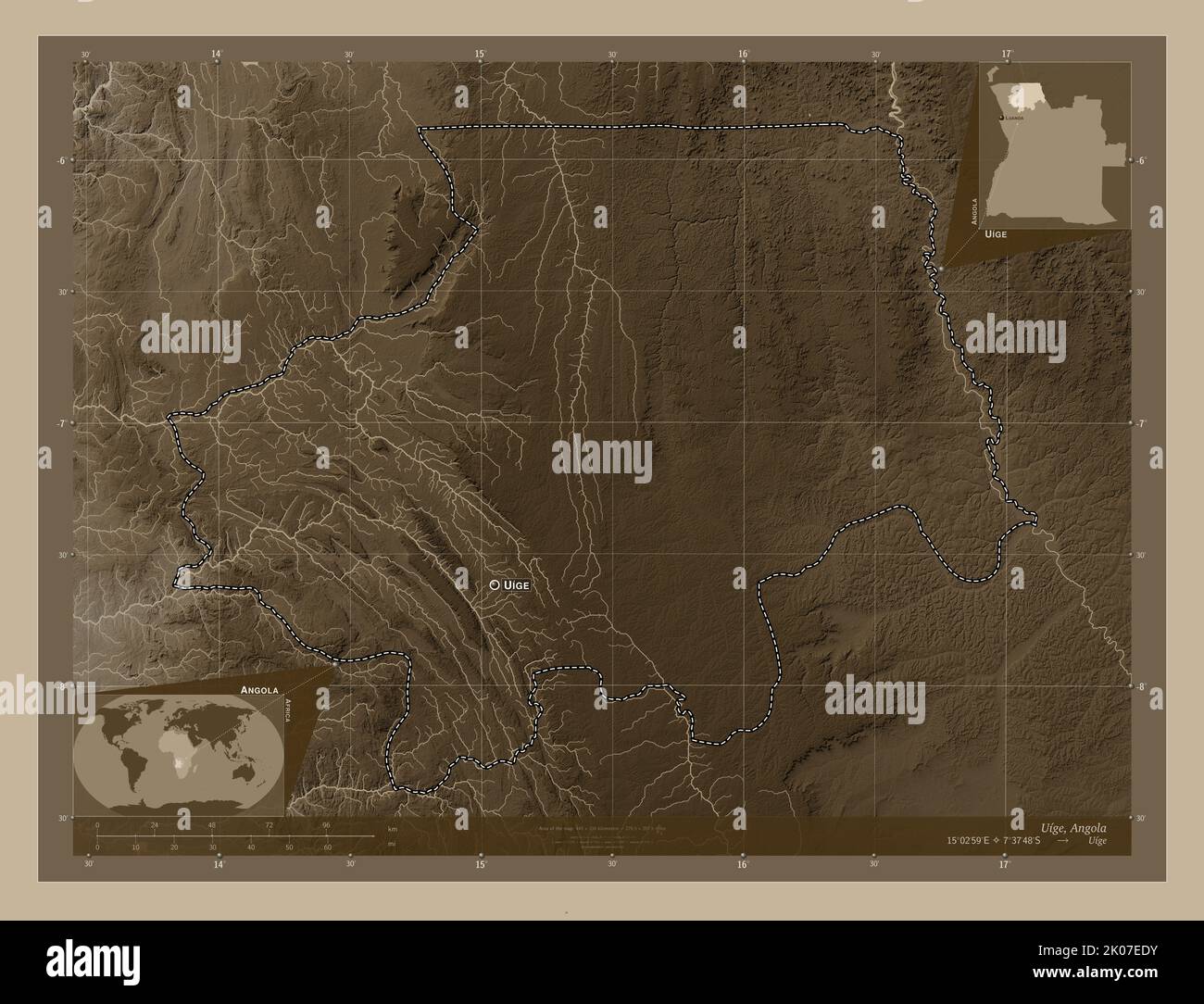 Uige, province of Angola. Elevation map colored in sepia tones with lakes and rivers. Locations ...