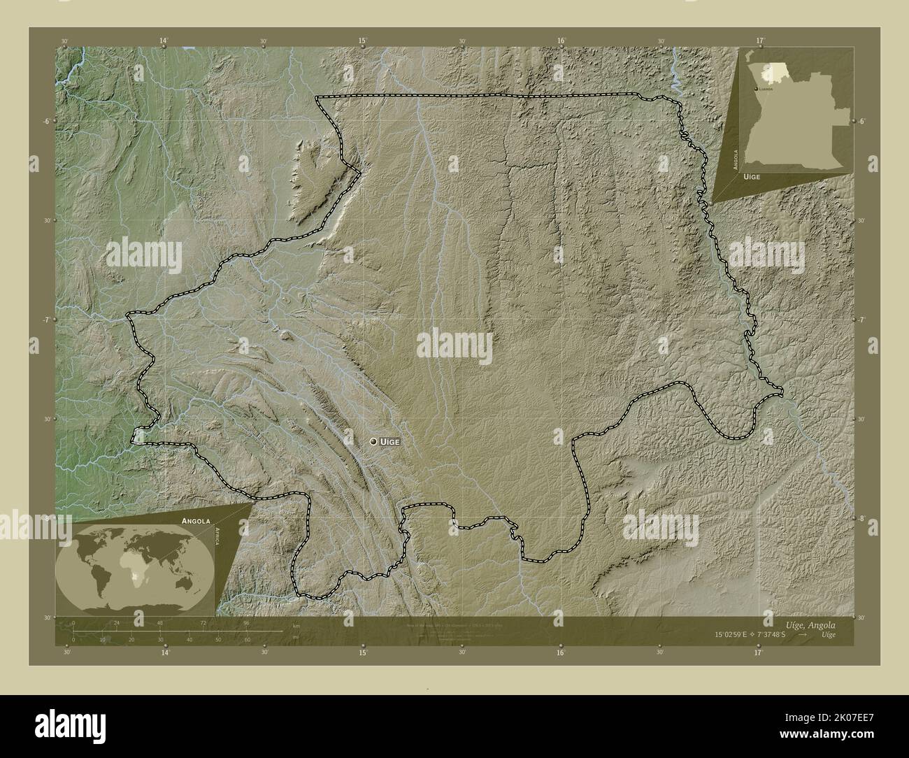 Uige, province of Angola. Elevation map colored in wiki style with ...