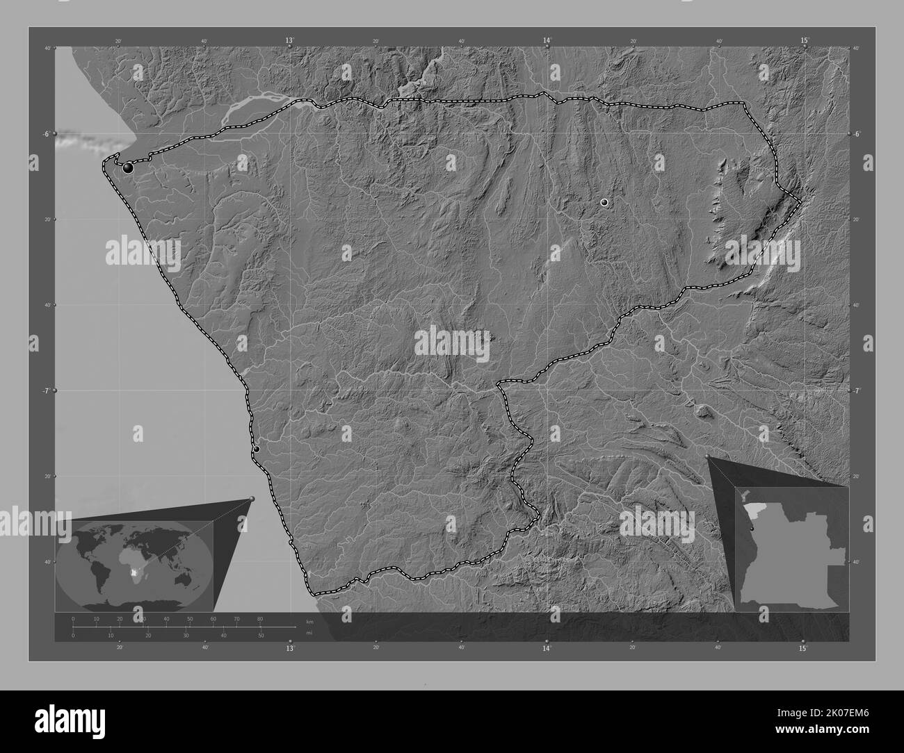 Zaire, province of Angola. Bilevel elevation map with lakes and rivers ...