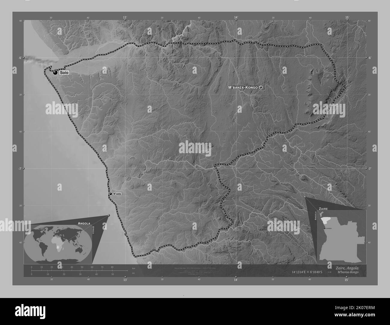 Zaire, province of Angola. Grayscale elevation map with lakes and ...