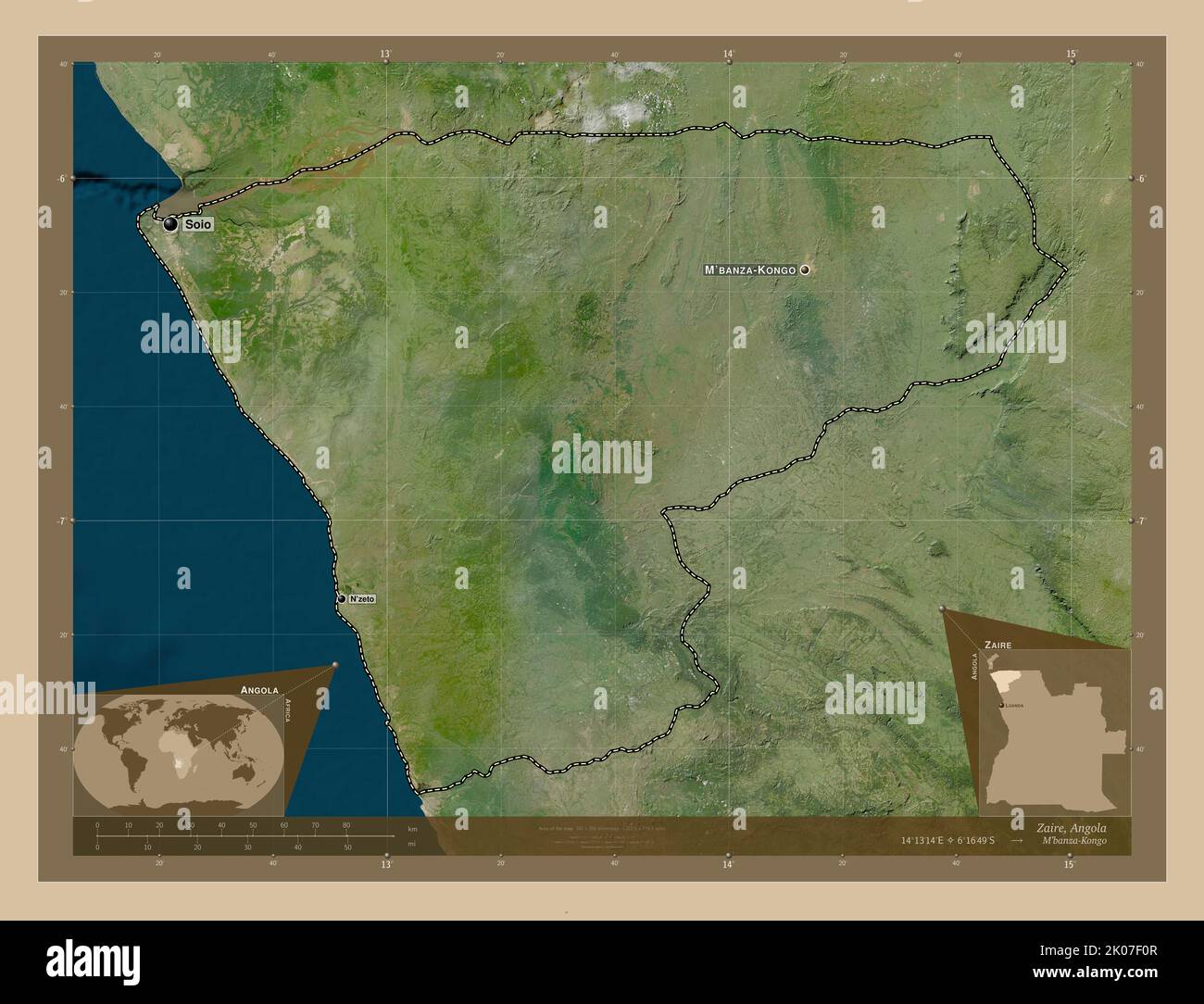 Zaire, province of Angola. Low resolution satellite map. Locations and ...