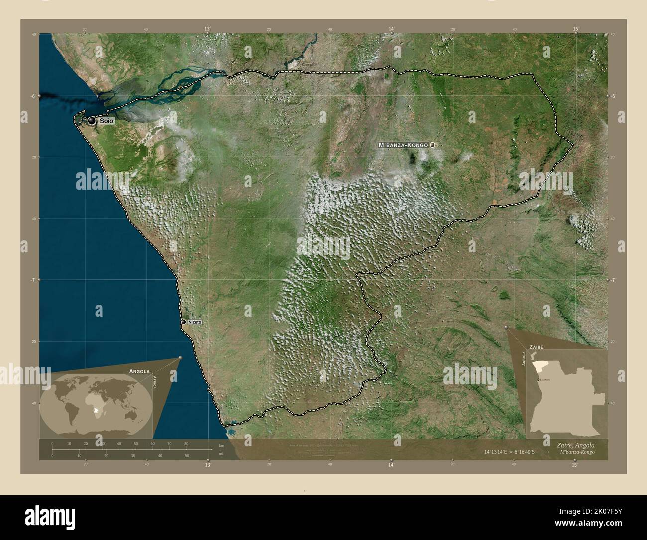 Zaire, province of Angola. High resolution satellite map. Locations and ...