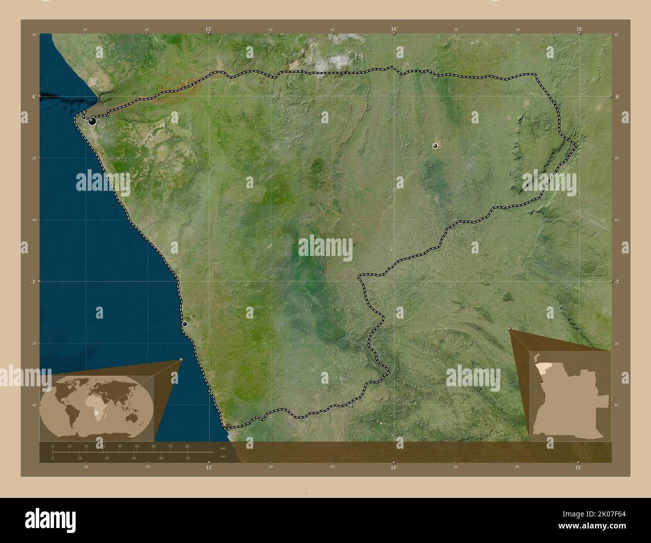 Zaire, province of Angola. Low resolution satellite map. Locations of ...