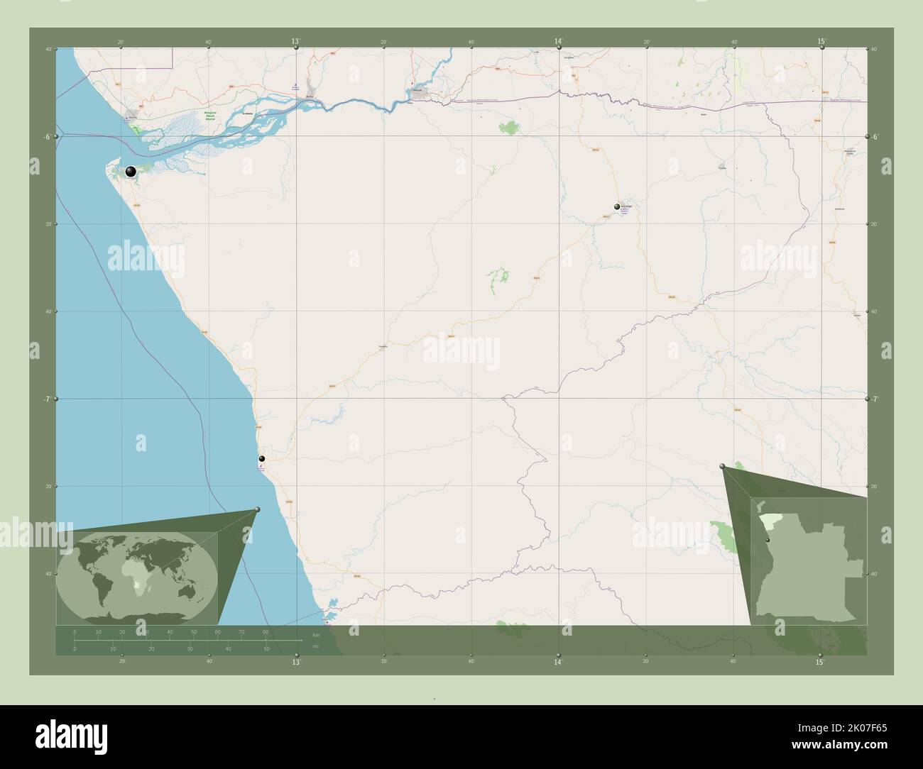 Zaire, province of Angola. Open Street Map. Locations of major cities ...