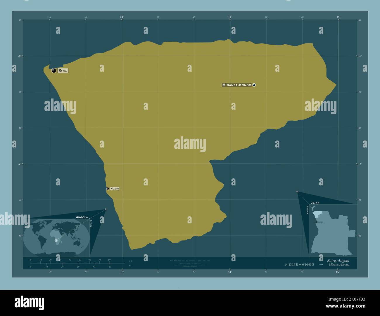 Zaire, province of Angola. Solid color shape. Locations and names of ...