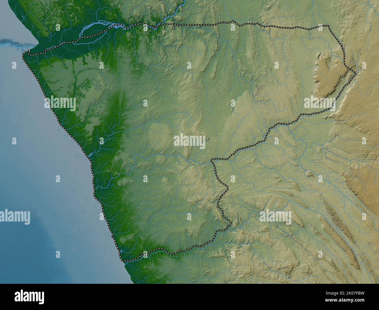 Zaire, province of Angola. Colored elevation map with lakes and rivers ...