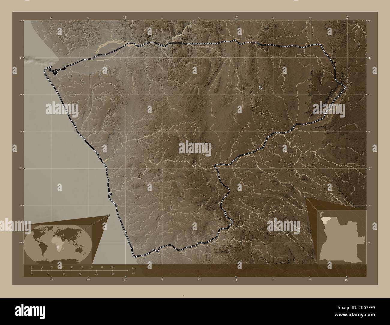 Zaire, province of Angola. Elevation map colored in sepia tones with lakes and rivers. Locations ...
