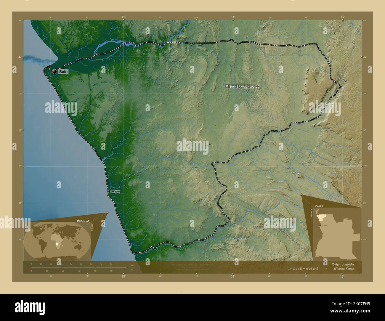 Zaire, province of Angola. Colored elevation map with lakes and rivers. Locations and names of ...