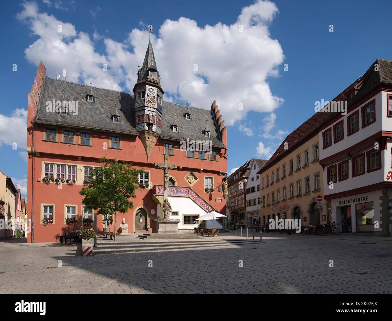 New town hall with moon clock, Ochsenfurt, Lower Franconia, Bavaria ...