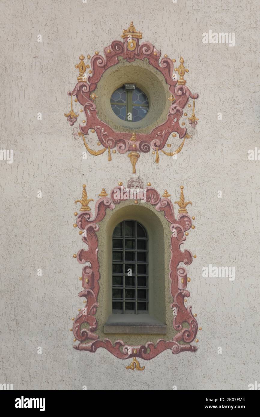 Church windows with frescoes and illusion painting at the pilgrimage ...