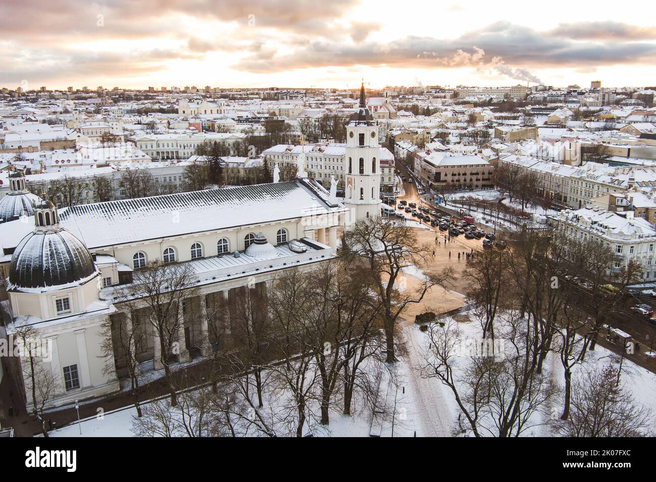 Aerial Vilnius city panorama in winter with snow covered houses ...