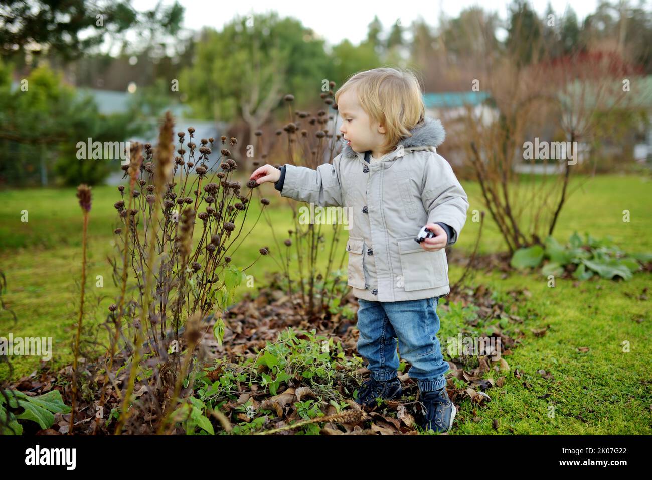 Funny toddler boy having fun outdoors on chilly autumn day. Child ...