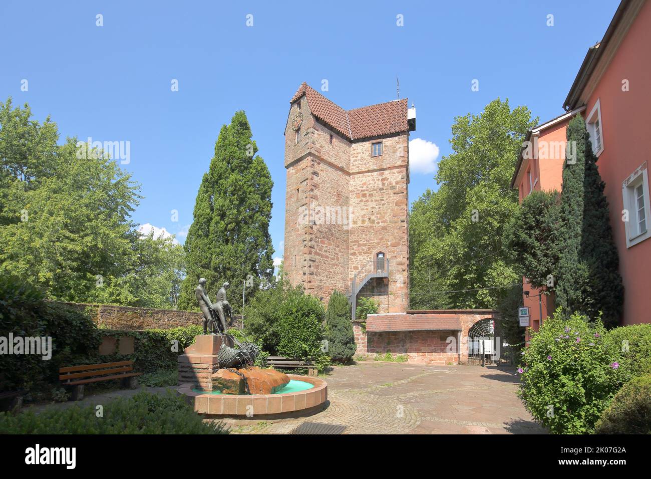 Powder tower as landmark and fishing fountain in Eberbach, Neckar ...