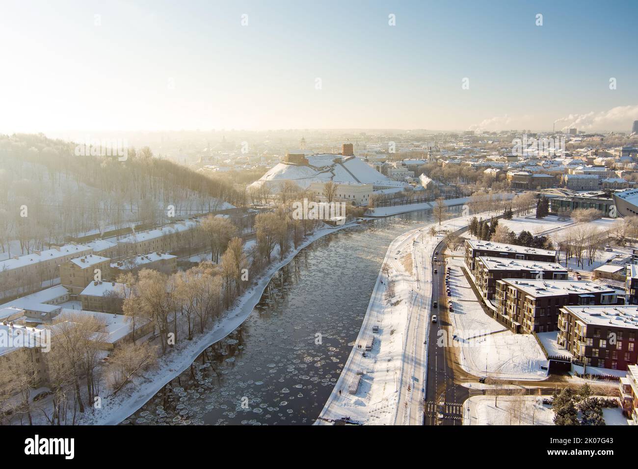 Beautiful Vilnius city panorama in winter with snow covered houses ...