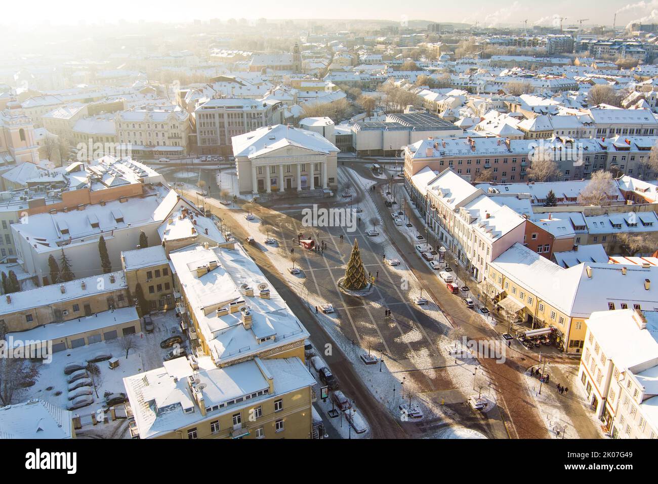 Aerial Vilnius city panorama in winter with snow covered houses ...