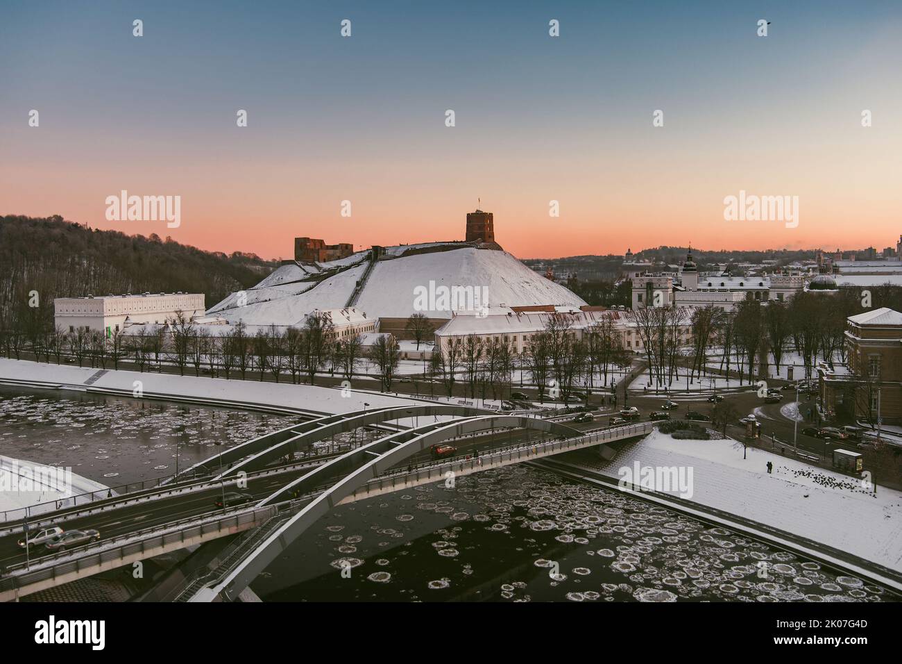 Beautiful Vilnius city panorama in winter with snow covered houses ...