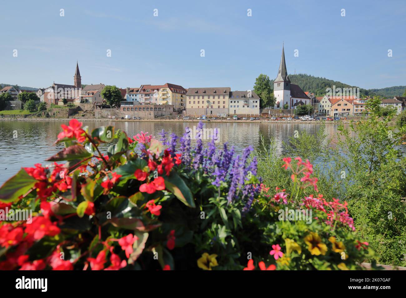 View of Neckargemuend riverside promenade with Neckar river, Neckar ...