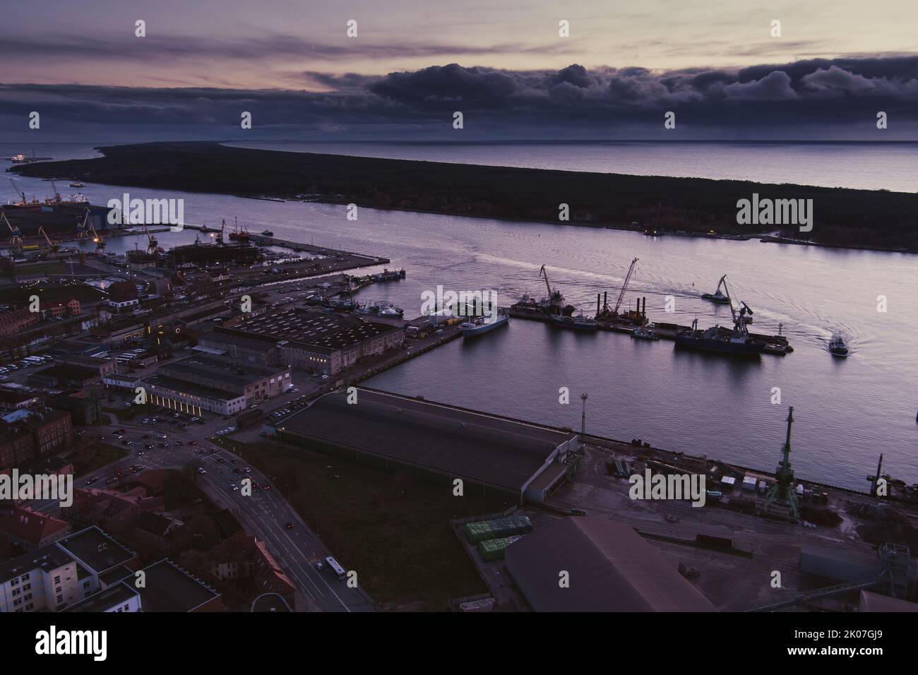 Klaipeda city port area and it's surroundings on chilly autumn night ...