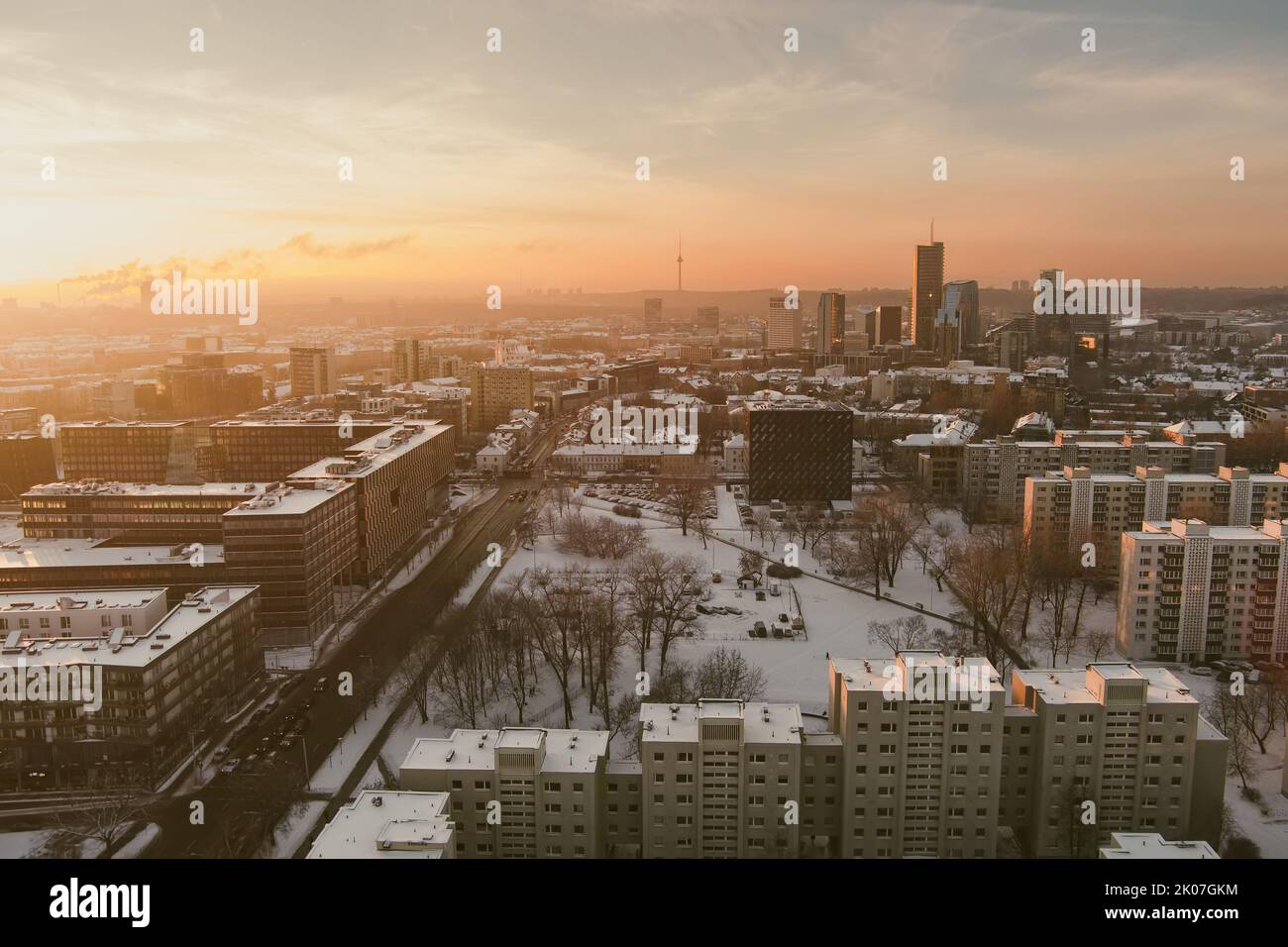 Beautiful Vilnius city panorama in winter with snow covered houses ...