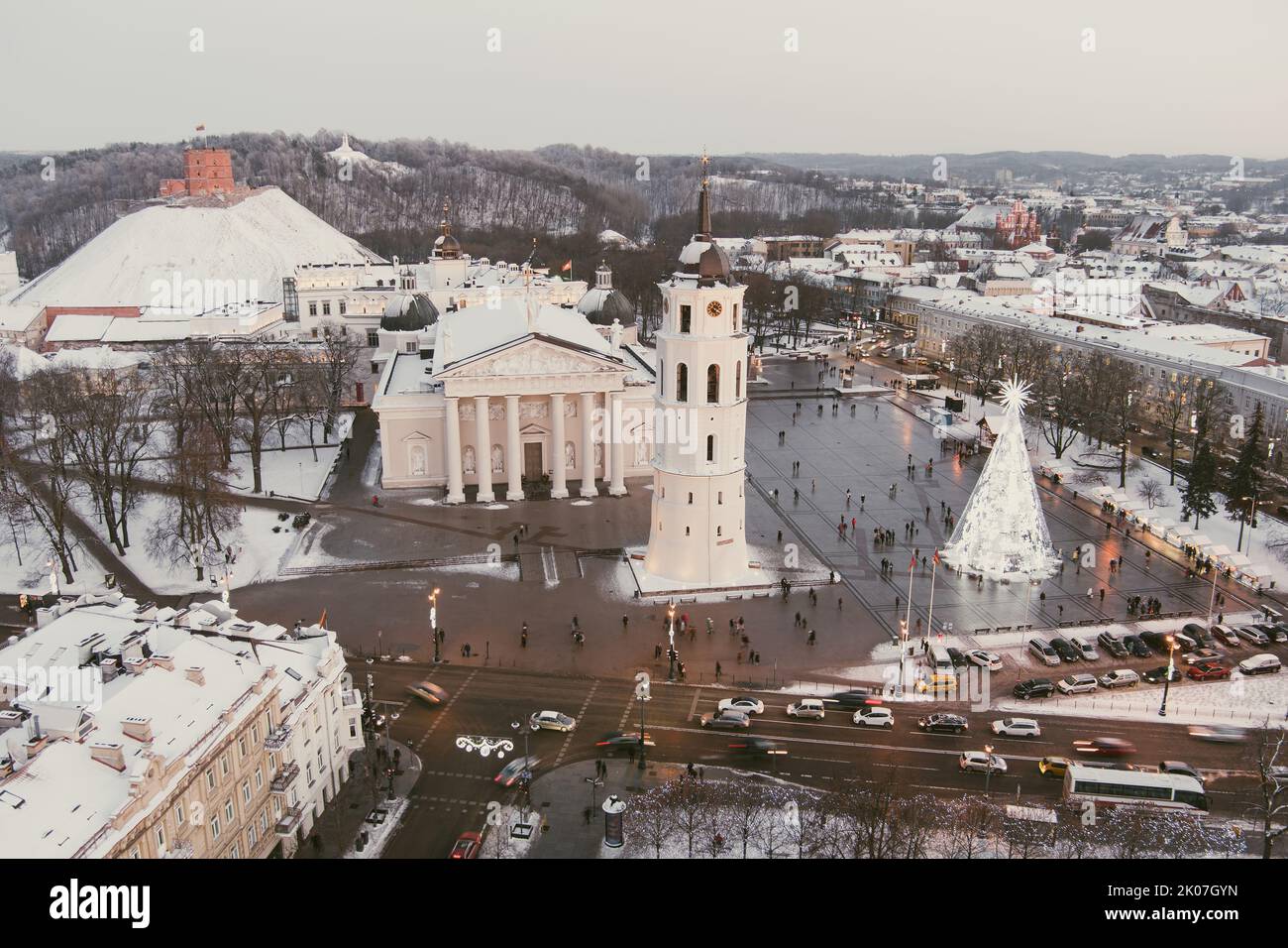 Aerial Vilnius city panorama in winter with snow covered houses ...