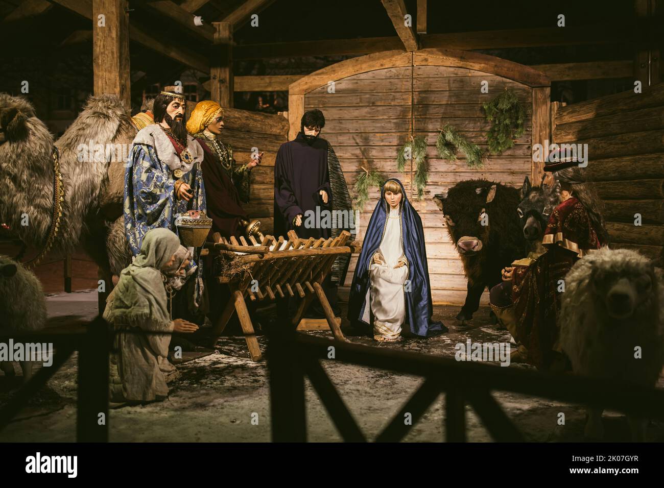 Christmas Nativity Scene on Christmas night in Vilnius, Lithuania. Baby ...