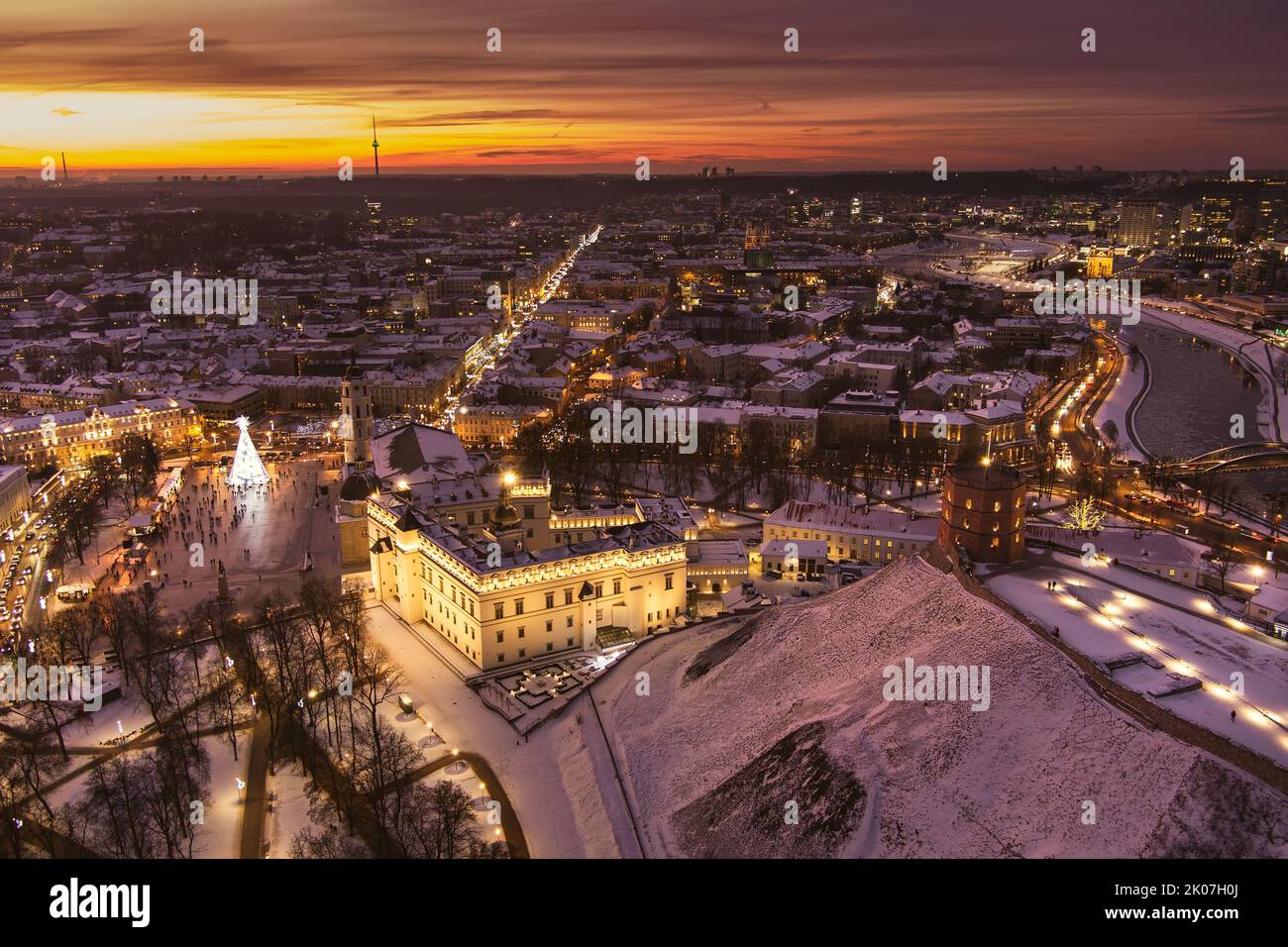 Beautiful Vilnius city panorama in winter with snow covered houses ...