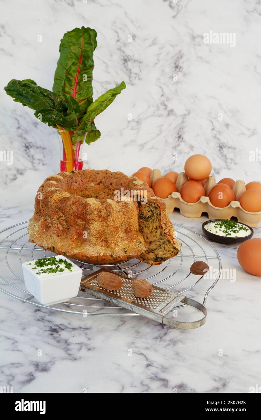 Swabian cuisine, chard cake with herb dip, curd cheese, hearty pastry ...