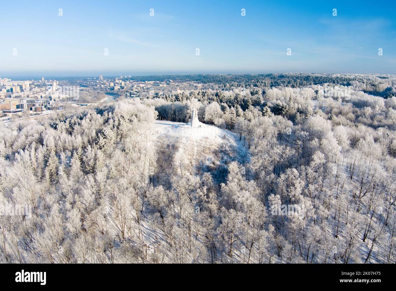 Aerial winter view of the Three Crosses monument overlooking Vilnius ...