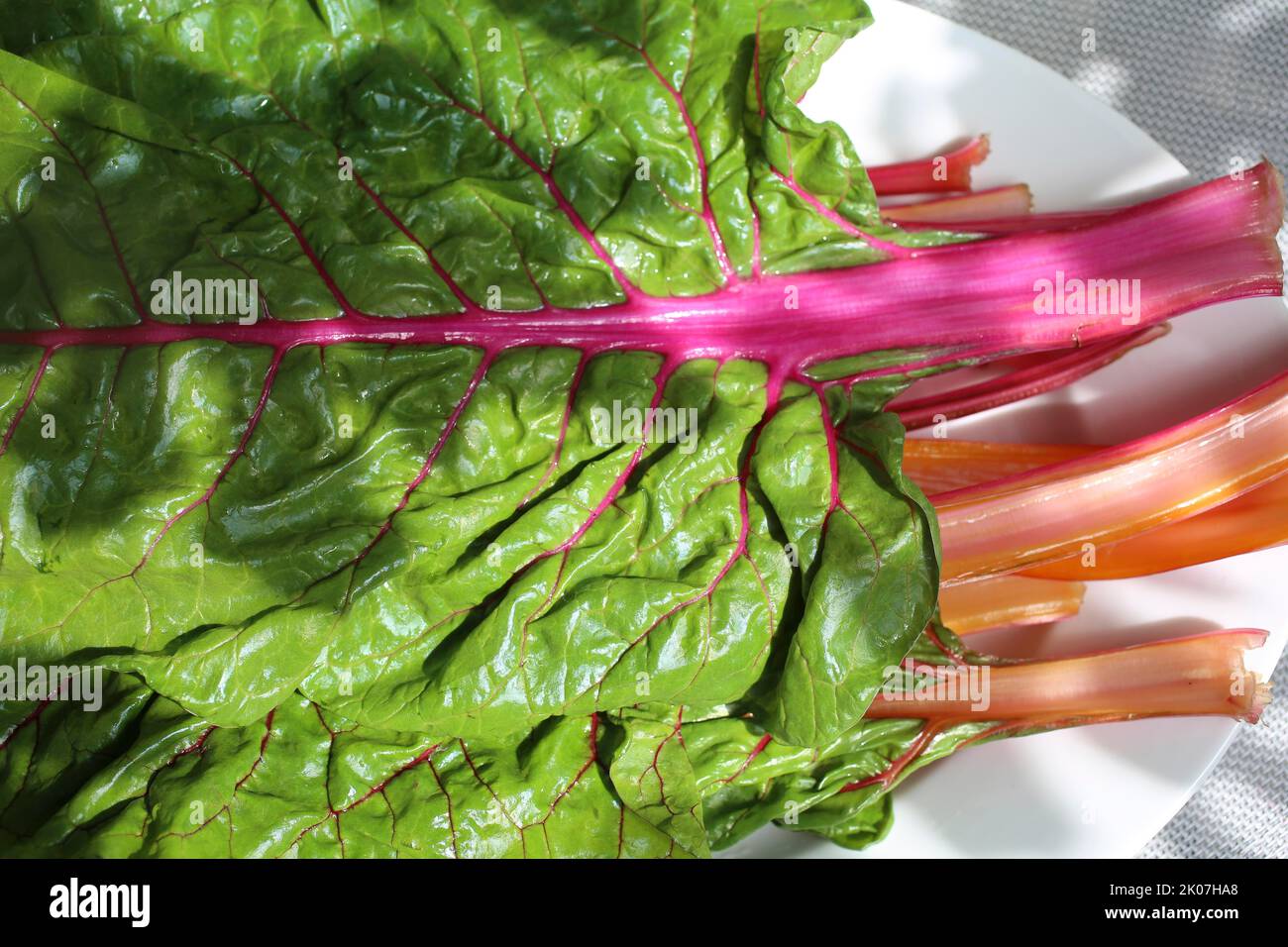 Beetroot (Beta vulgaris subsp. vulgaris), chard leaves on serving ...