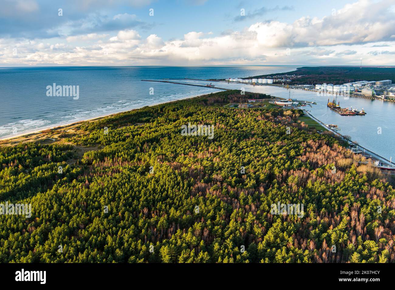 Aerial view of the Curonian spit covered by pine forests. Curved sand ...