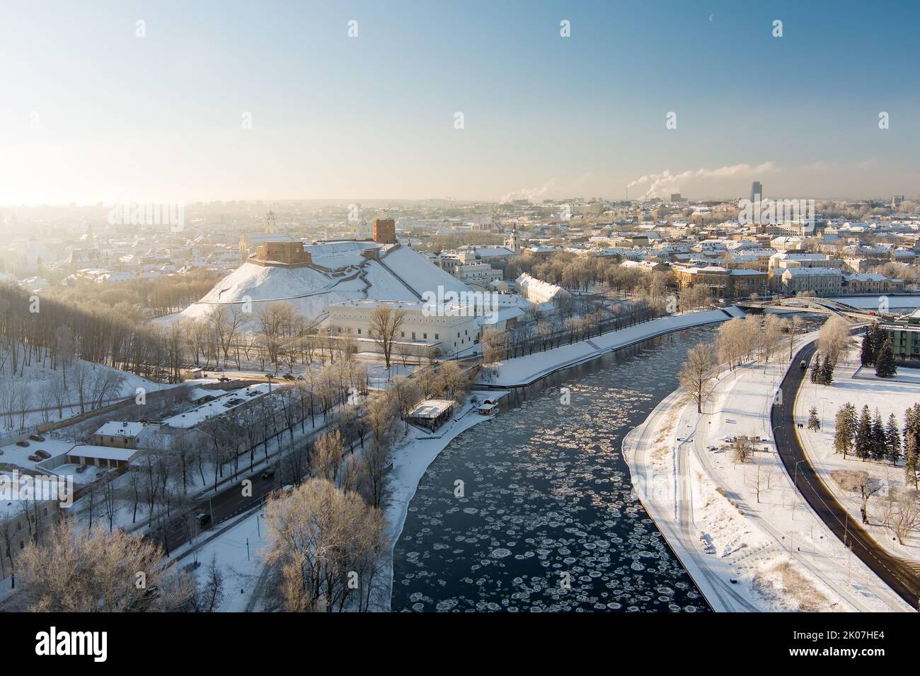 Beautiful Vilnius city panorama in winter with snow covered houses ...