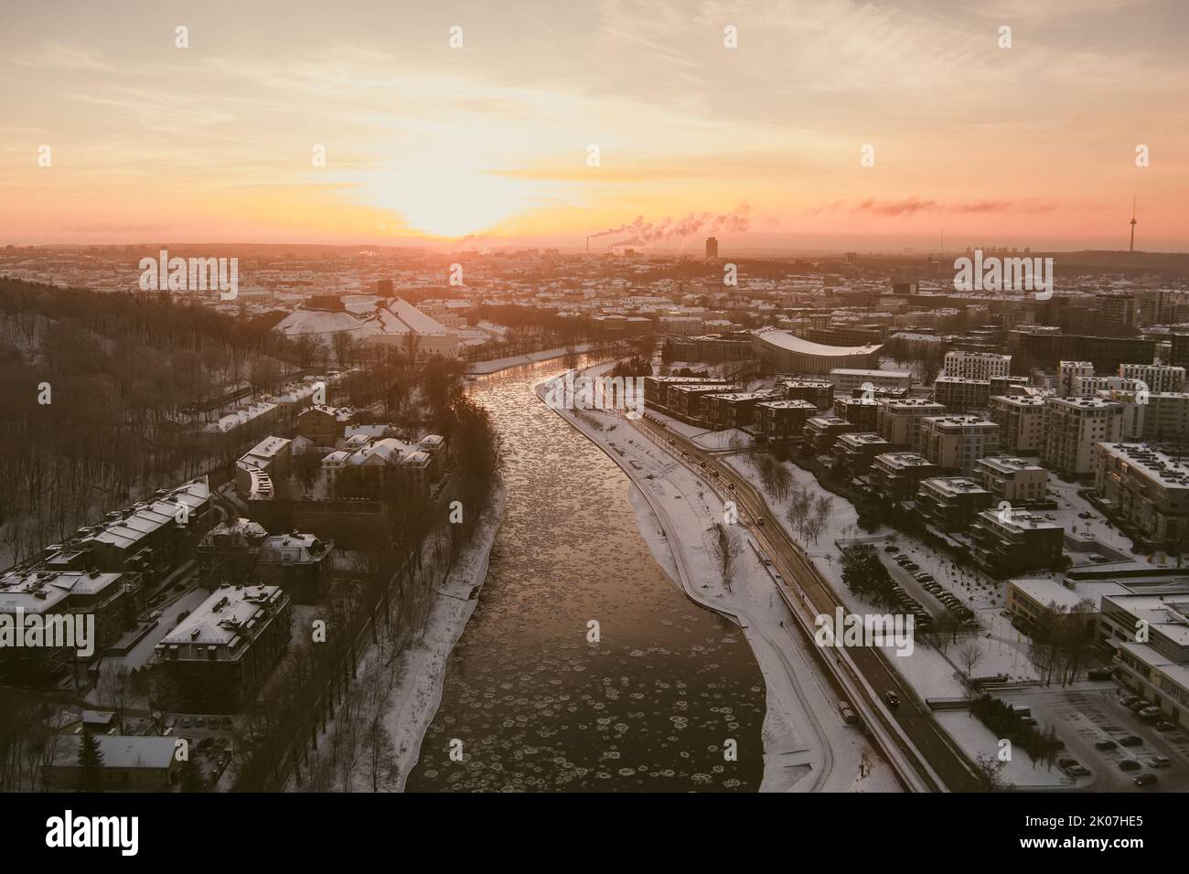 Beautiful Vilnius city panorama in winter with snow covered houses ...